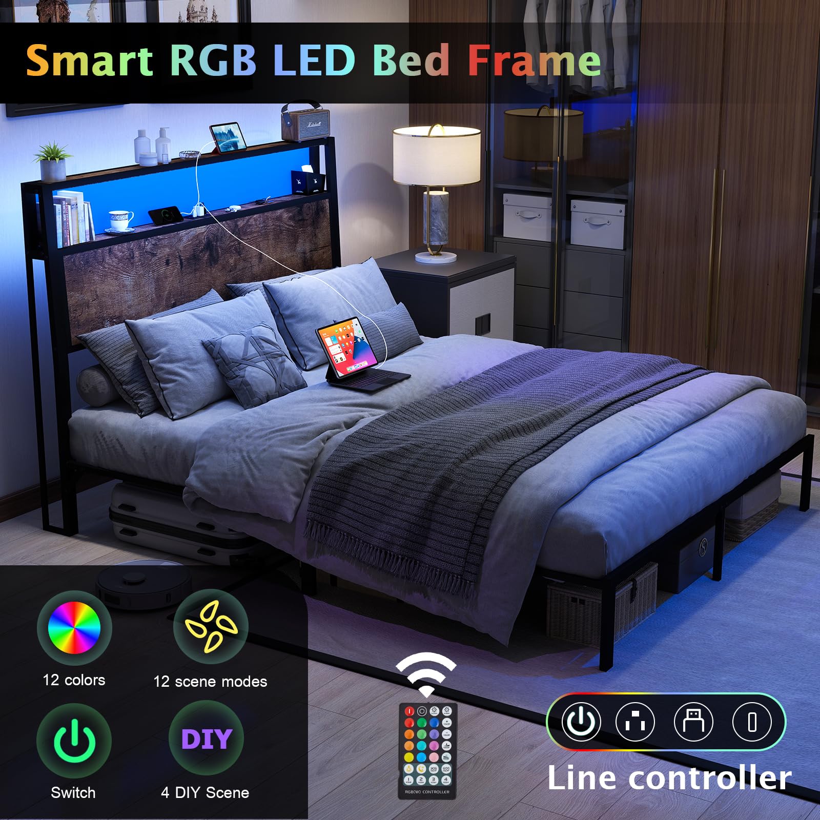Full Size Bed Frame with Headboard, 2 Tier Storage Headboard with Charging Station, Remote Control Led Lights, Under Bed Storage, Solid and Stable, No Box Spring Needed, Noise Free, Easy Assembly