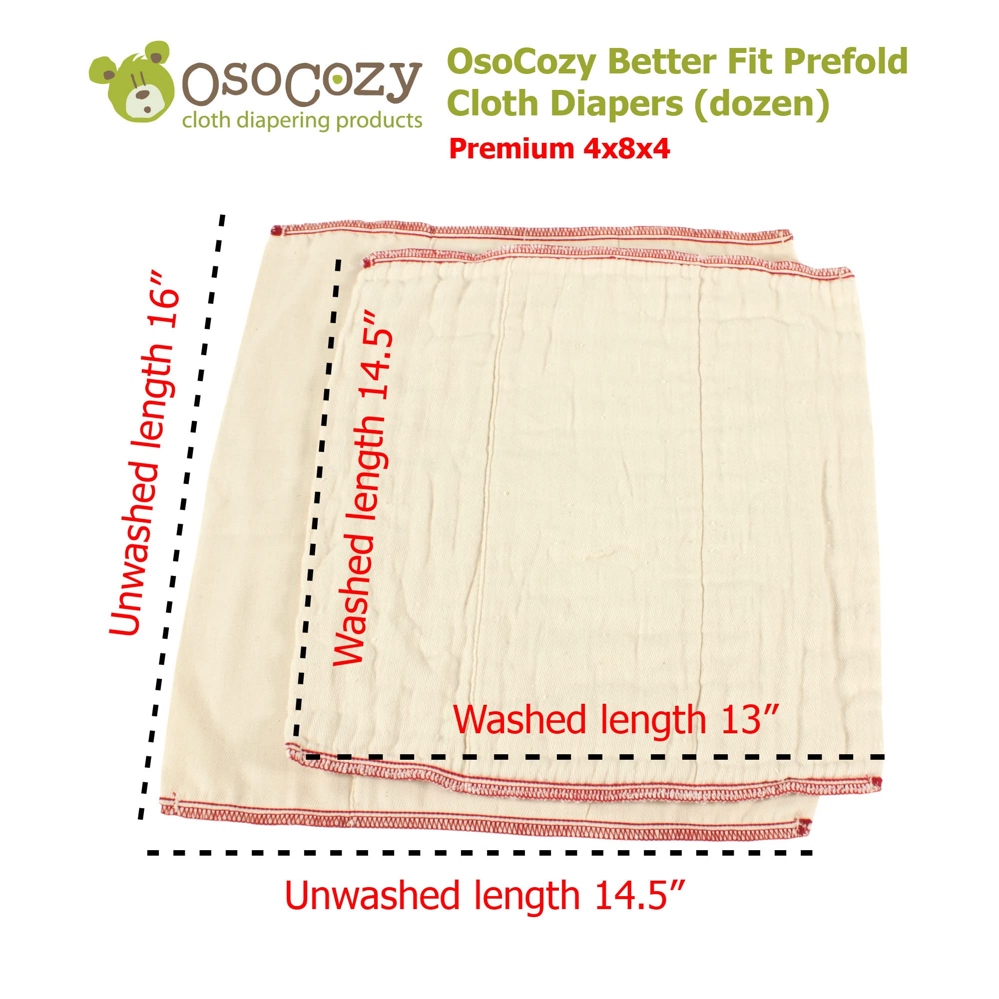 OsoCozy Better Fit Unbleached Prefold Cloth Diapers -100% Cotton, Gauze Weave, Sized for Tri Folding - Size 2 - (Premium 4x8x4 Fits 14-30 lb.) - 1 Dozen
