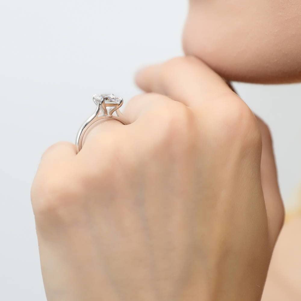 BERRICLE Sterling Silver Solitaire Wedding Engagement Rings 2.6 Carat Emerald Cut Cubic Zirconia CZ Promise Ring for Women, Rhodium Plated Size 7