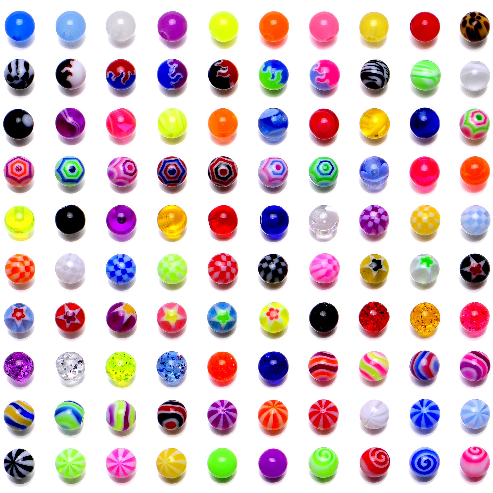 Body Candy 100 Different Stainless Steel UV Acrylic Ball Barbell Tongue Rings 14 Gauge 5/8"