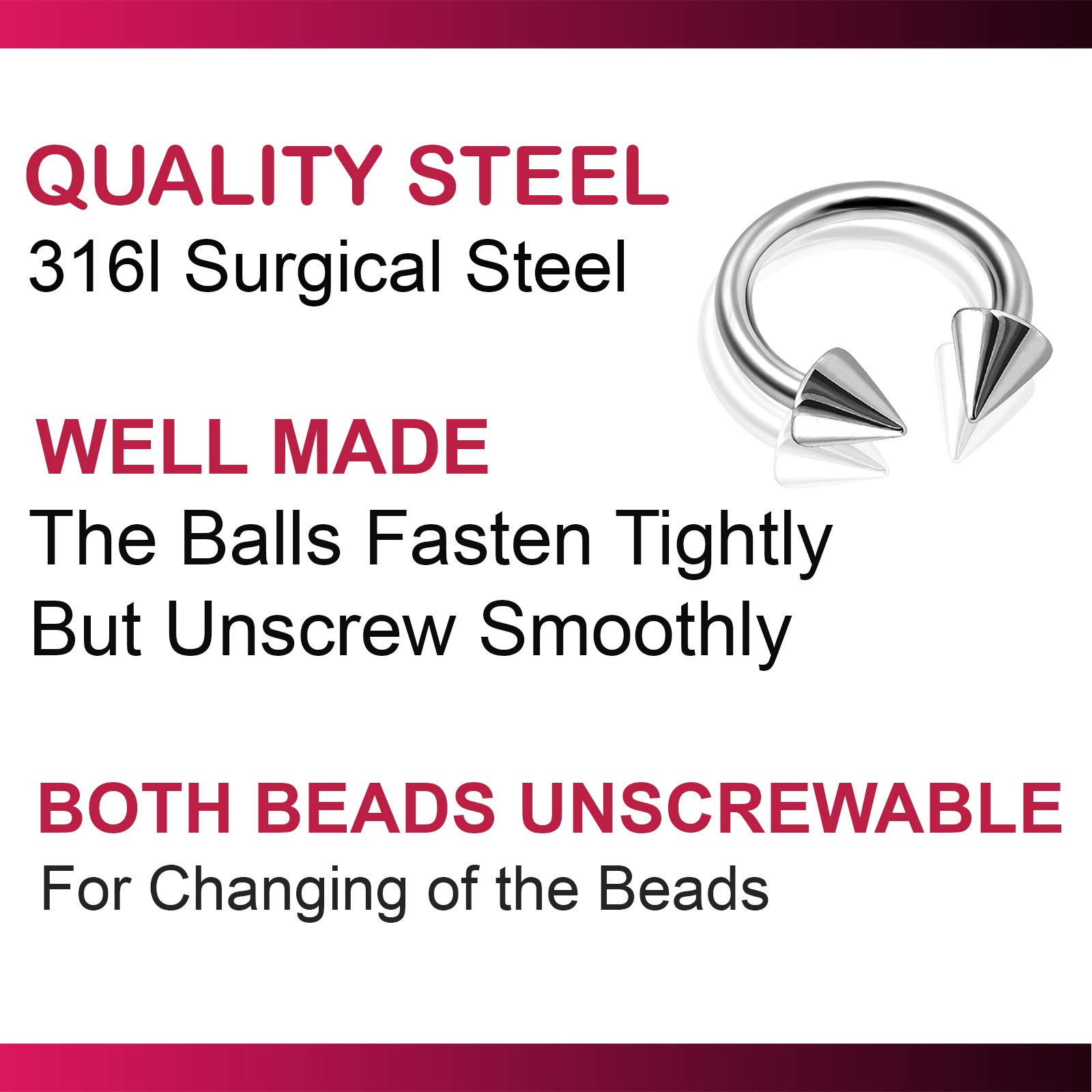 bodyjewellery 4pcs 14g Horseshoe Ring Septum Cartilage Lip Nose Hoop Tragus Snake Bite Eyebrow Rook Helix Conch Stud 4mm Spike - 10mm