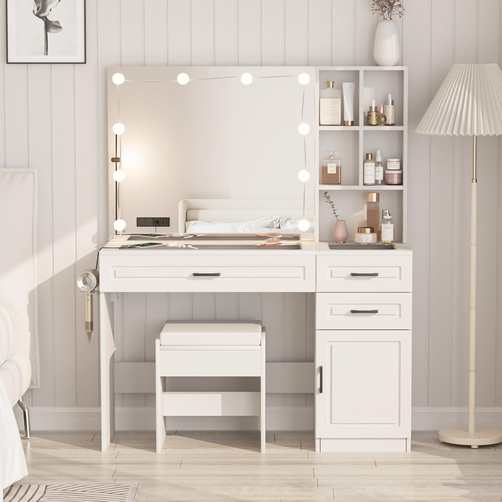 Fameill Vanity Desk with Lighted Mirror & Power Strip,Large Vanity Table with Glass top and Lots Storage,3 Drawer Makeup Desk with Hair Dryer Stand,3 Lighting Modes,White