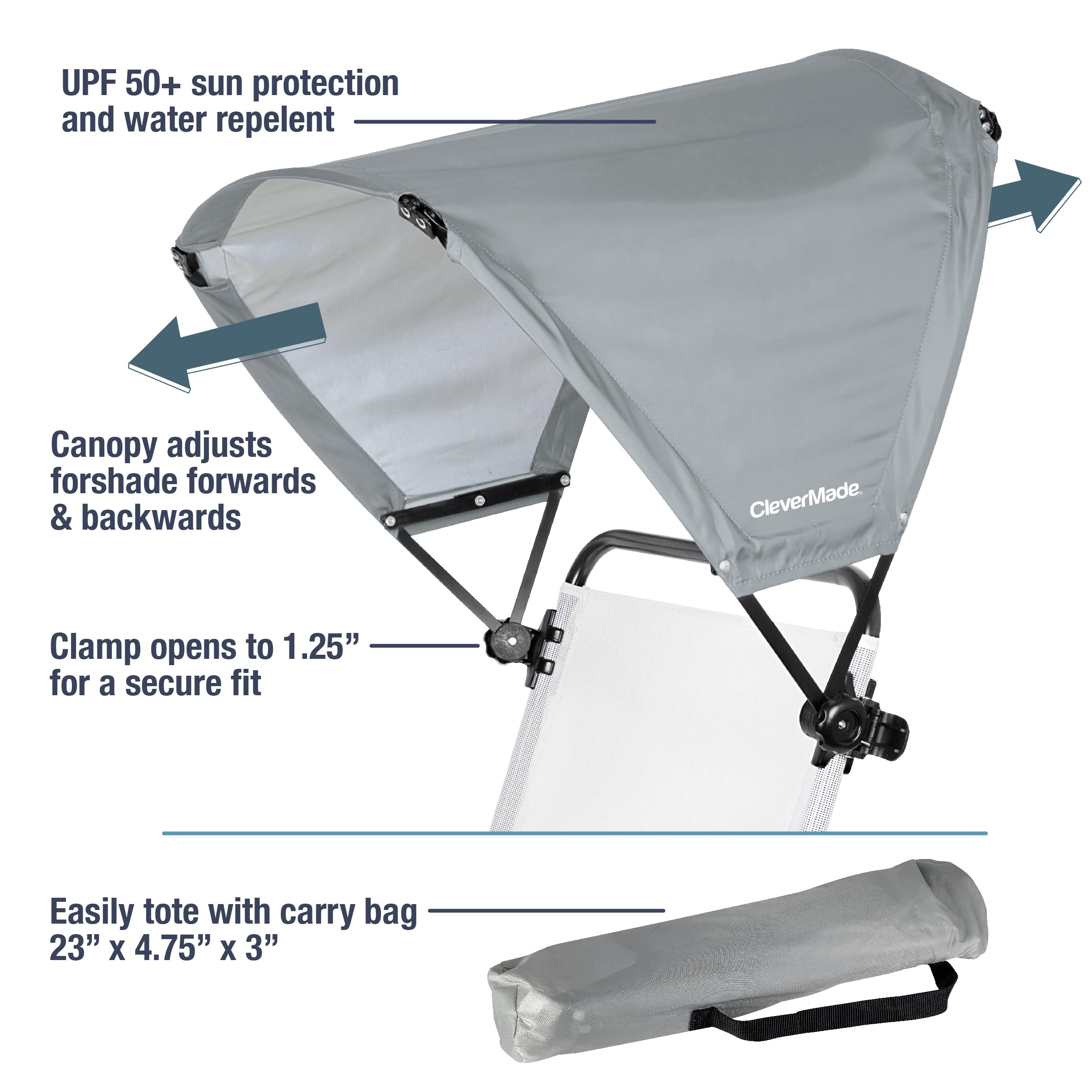 CleverMade Chair Umbrella, Outdoor Sport Canopy, Adjustable UPF 50+ Beach Umbrella with Clamps