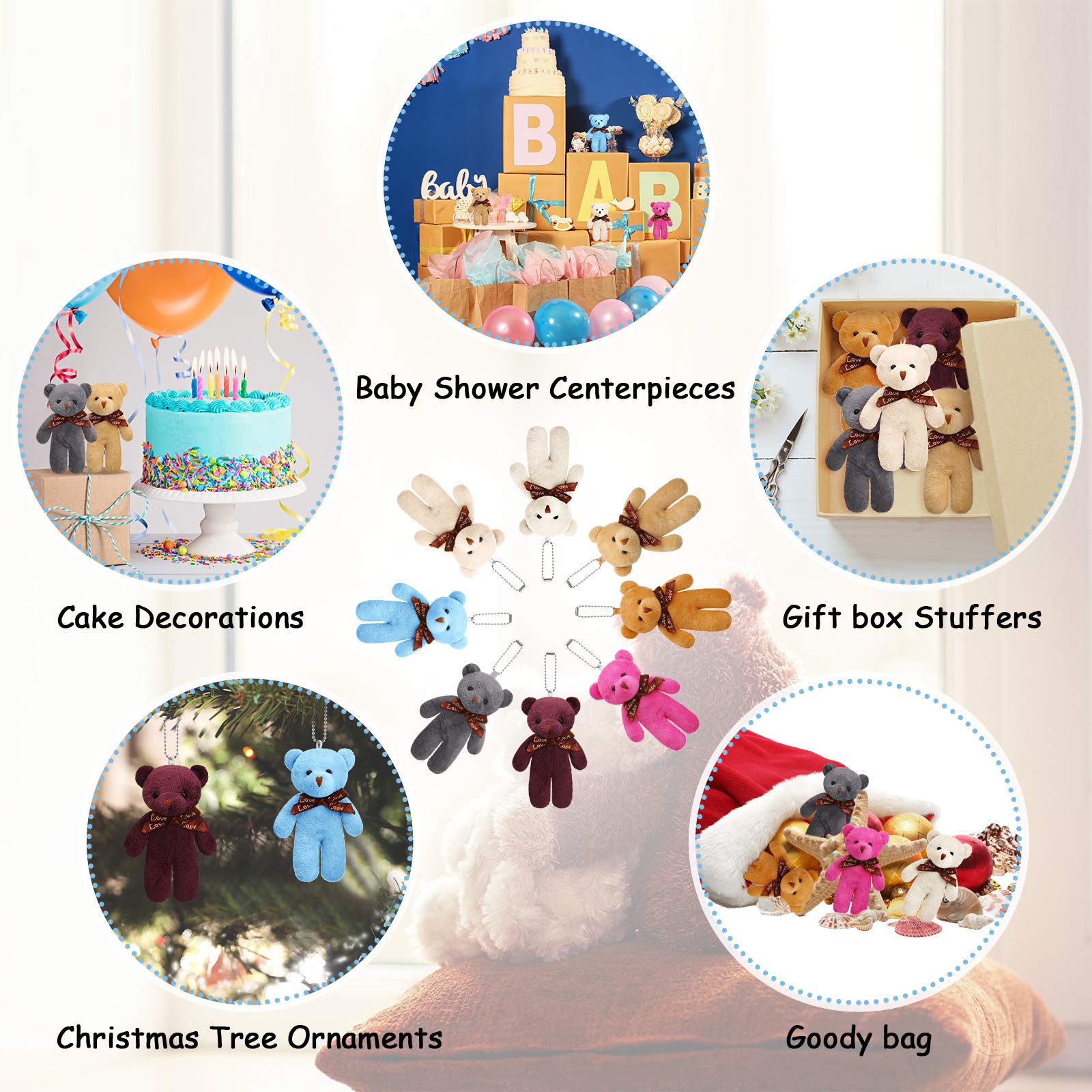 Skylety 24 Pcs 4.7 Inch Mini Bear Toy Tiny Bears Doll Bulk Multicolor Soft Plush Stuffed Animals Small Bears for Keychain DIY Craft Baby Shower Birthday Valentine's Day Gifts