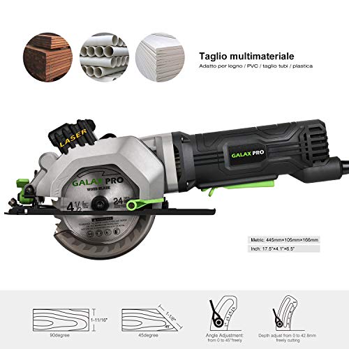 GALAX PRO 4Amp 3500RPM Circular Saw with Laser Guide, Max. Cutting Depth1-11/16"(90°), 1-1/8"(45°)Compact Saw with 4-1/2" 24T TCT Blade, Vacuum Adapter, Blade Wrench, and Rip Guide