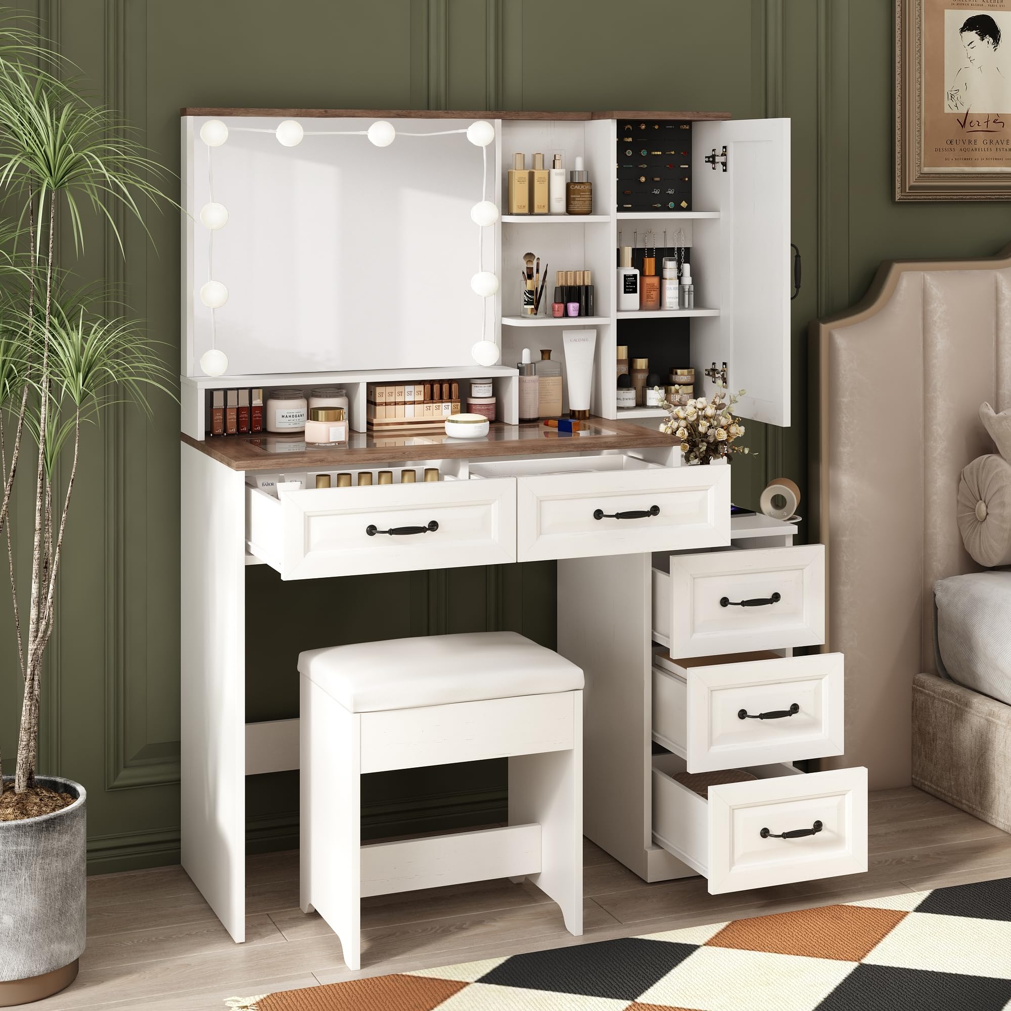 Fameill Vanity Desk with Mirror and Lights,Vintage Glass Top,Makeup Vanity Table Set with Stool,Jewelry Cabinet,Charging Station and 3 Lighting Modes,5 Drawers,Storage Shelves Dressing Table,Brown