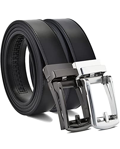 Carlo Fellini Mens Genuine Leather Ratchet Dress Belt with Slide Belt for men ([2 Pack] Black Black/Black Silver, ADJUSTS TO FIT 28-44)