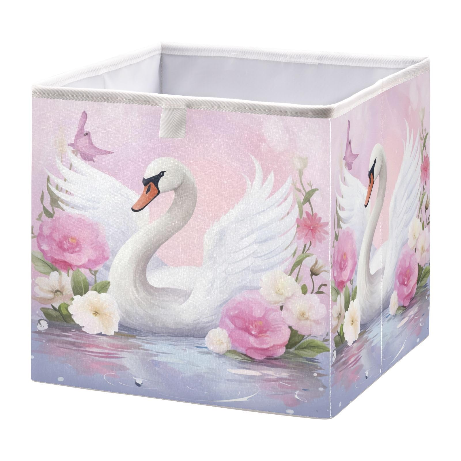 Emelivor Watercolor Swan Flower Pink Cube Storage Bin Fabric Storage Cubes Large Foldable Storage Baskets Cloth Box Containers for Shelves Office Clothes Clothing Home Book,11 x 11inch