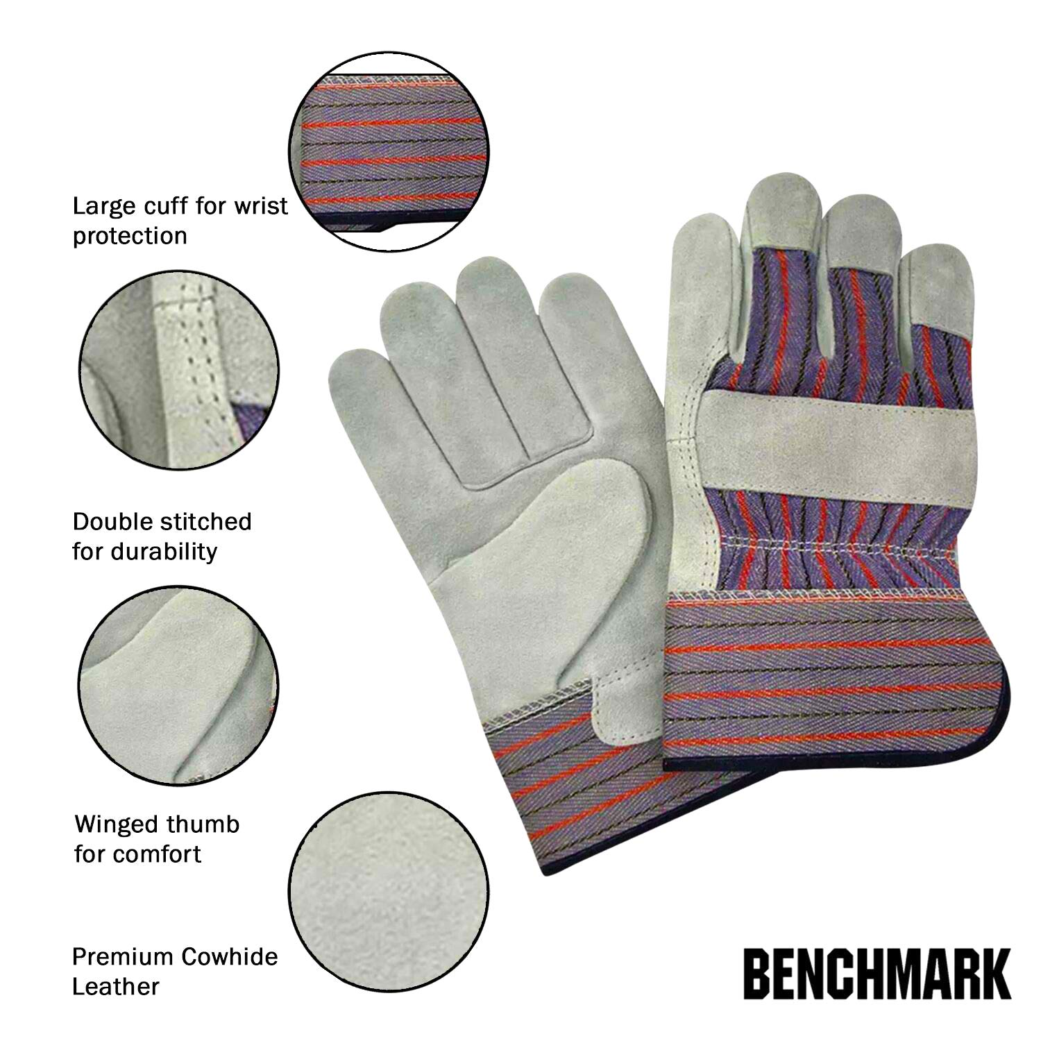 Benchmark 12 Pack - Leather and Cotton Work Gloves - Garage, Yard, Garden, Industrial, Commercial - One Size Fits Most