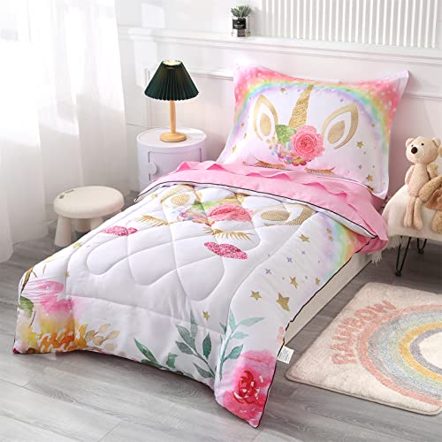 Wowelife Toddler Bedding Sets for Girls, Premium 4 Piece Unicorn Bedding Toddler Bed Set Rainbow, Pink Toddler Comforter Set, Super Soft and Comfortable for Toddler