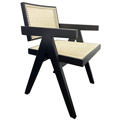 First of a Kind Rattan Cane Dining Chair - Mid-Century Modern Chairs with Mesh Back - Comfy Side Chair with Arms for Dining Room β Farmhouse Wooden Frame Accent Chair for Kitchen - Black