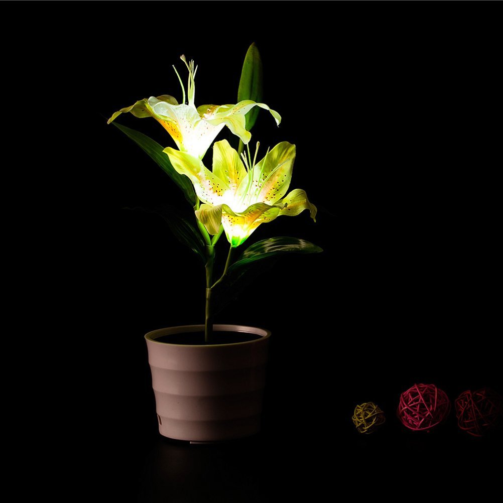 Solar Flower Pot LED Light Lily Flower Table Lamp Decorative Plant Garden Light Lawn Lamp for Room Outdoor Decoration (Yellow)