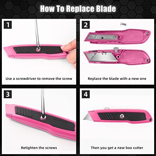 DIYSELF 2 Pack Box Cutter Retractable Heavy Duty Utility Knife, Ergonomic Razor Knife for Warehouse, Office, Exacto Knife Box Opener for Package, Cardboard (Pink)
