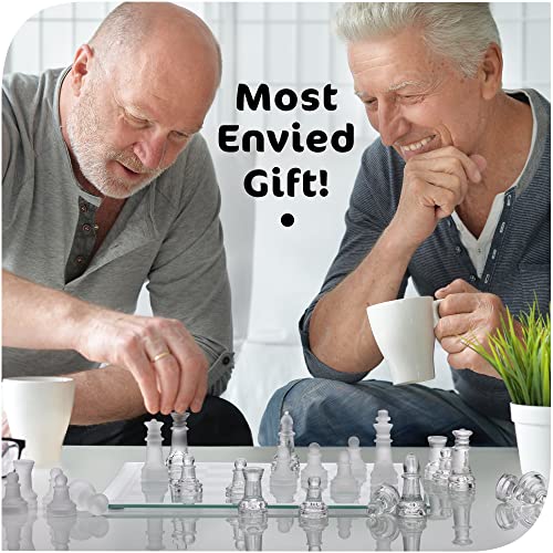 Srenta Fine Glass Chess Set Game, Modern Clear Chess Set, Deluxe Chess Set Glass Chess Board Set with Solid Clear & Frosted Chess Glass Pieces | 9.7’’ Crystal Chess Boards Sets, Felt Padding Included