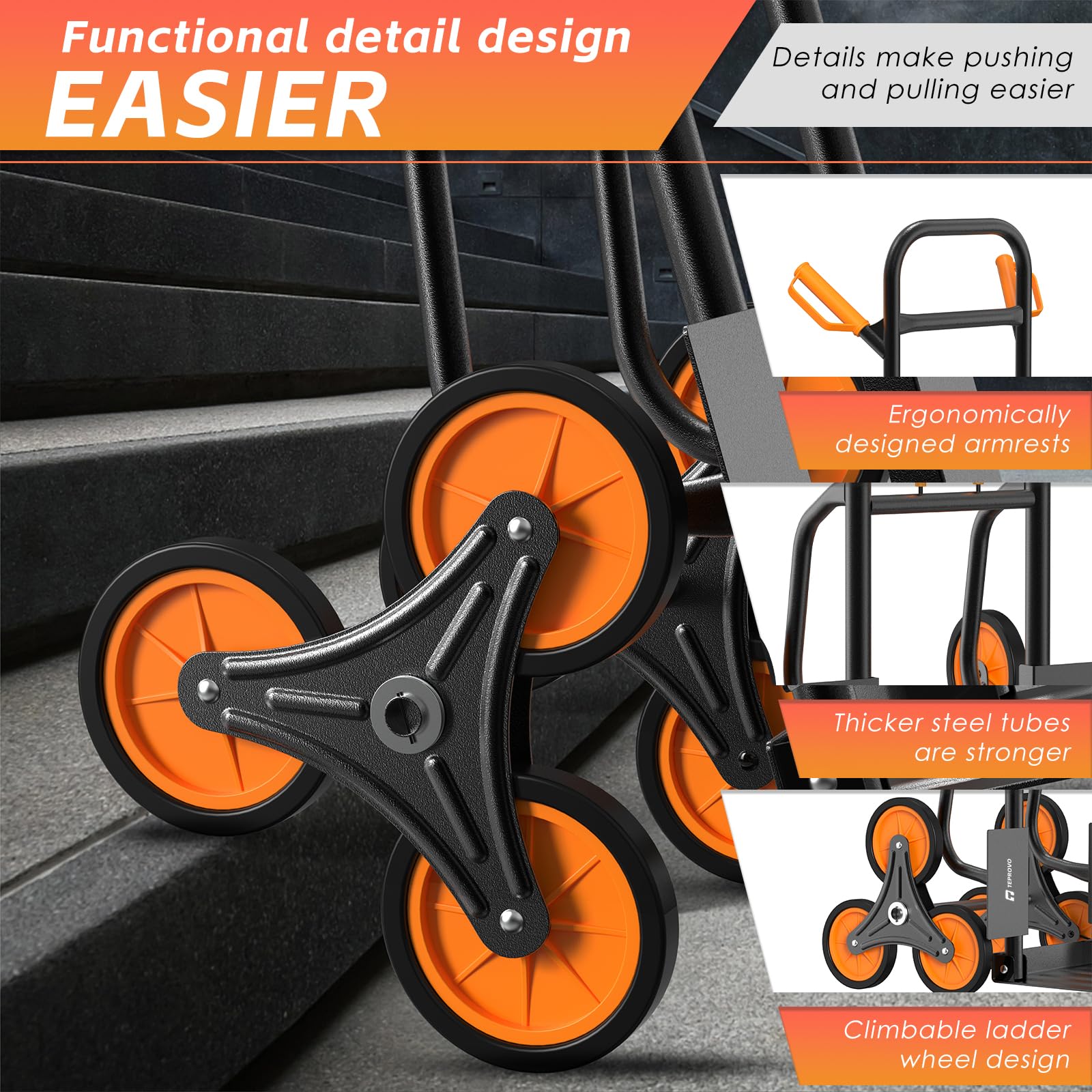 Stair Climbing Hand Truck 440lb,Heavy Duty Dolly Cart for Stairs,Thickened Upgraded Steel Tube Folding Stair Climbing Trolley with Six Wheels and Telescoping Handle