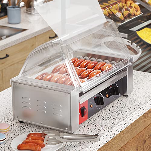 CROSSON Hot Dog 7 Roller Grill Cooker Machine with Transparent Sneeze Guard,7 Nonstick 304SS Rollers and Dual Temp Control,Commercial Hot Dog Cooker Machine-120V, 830W