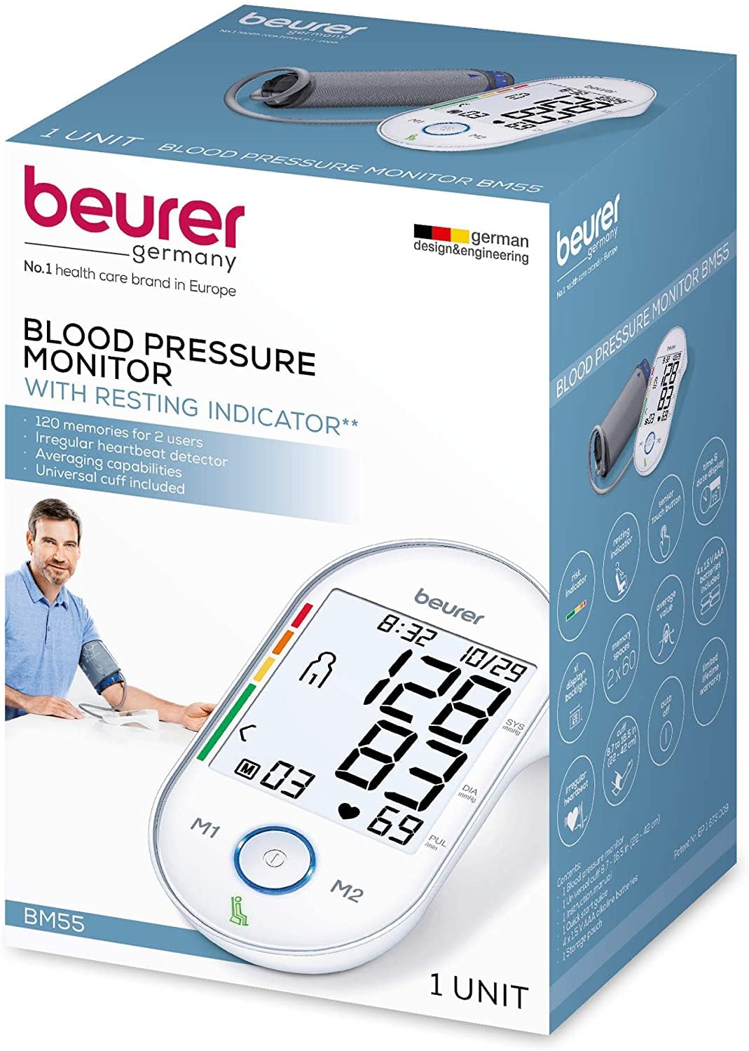 Beurer BM55 Blood Pressure Machine β XL Backlit Display, Arrhythmia Alarm, Portable Storage Kit, 2 Users, Automatic Blood Pressure Cuff, Resting Indicator β Blood Pressure Monitor Batteries Included
