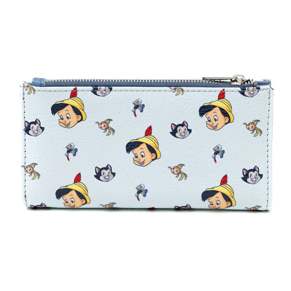 Buckle-Down Disney Wallet, Fold Over, Snap Pouch, Pinocchio and Friends Face Collage Light Blue, Vegan Leather