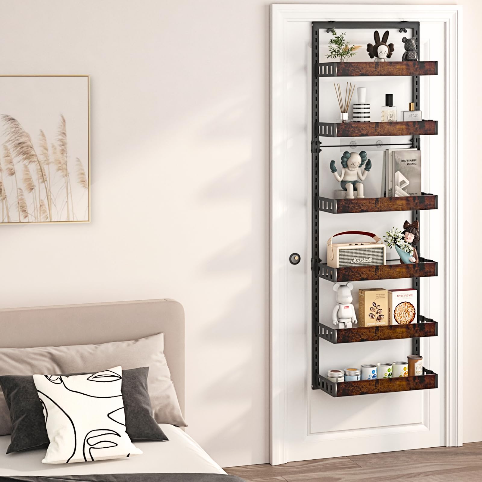 bukfen Over the Door Pantry Organizer, 6-Tier Adjustable Wooden Basket Kitchen Pantry Door Organization and Storage, Heavy-Duty Metal Hanging Kitchen Spice Rack,D6.3 x W17.71 x H50.60 inch,1 Pack