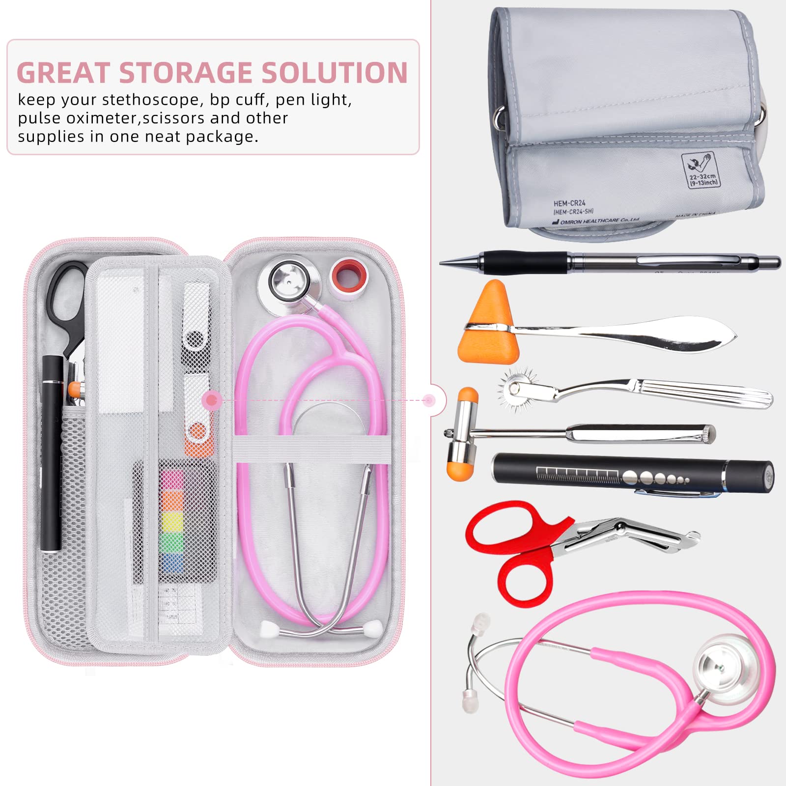HESPLUS Stethoscope Case for MDF Acoustica/MD One, 3M Littmann Classic III/Lightweight II S.E/Cardiology IV Diagnostic/CORE Digital Stethoscopes, Includes Mesh Pocket for Nurse Accessories - Pink