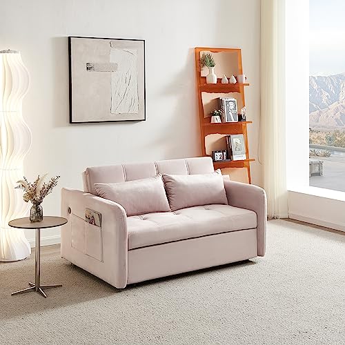 FANYE Twin XL 3-in-1 Tufted Upholstered Daybed Futon Loveseat W/Pull Out Sleeper Bed and USB Ports, 2-Seaters Sofa & Couch Soft Cushions Love Seat Convertible Size Sleep Sofabed for Living Room, Pink