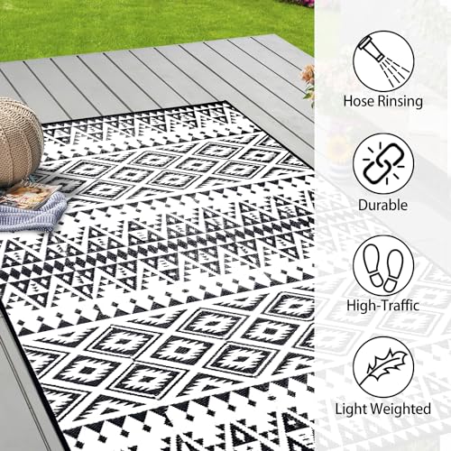 DiiKoo Outdoor Rug Mat for Patio, 6x9ft Waterproof Reversible Plastic Straw Rugs, Camping Carpet Area Mats for RV, Porch, Deck, Backyard, Balcony, Camper, Picnic, Beach, Trailer, Black & White