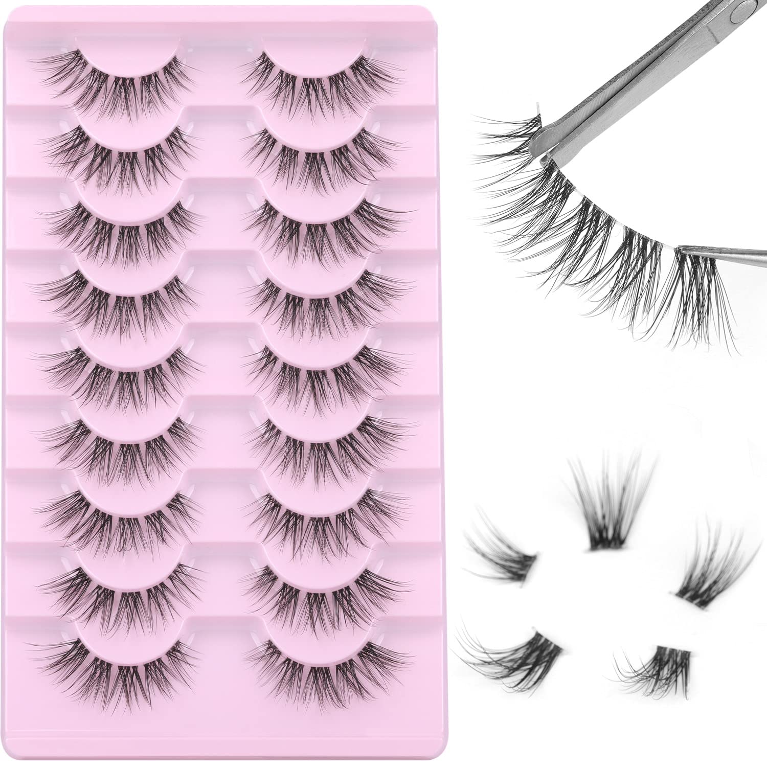 Cluster Lashes with Scissors False Eyelashes Natural Look Wispy Faux Mink Lashes Clear Band Individual DIY Cat Eye Strip Lashes Pack 9 Pairs