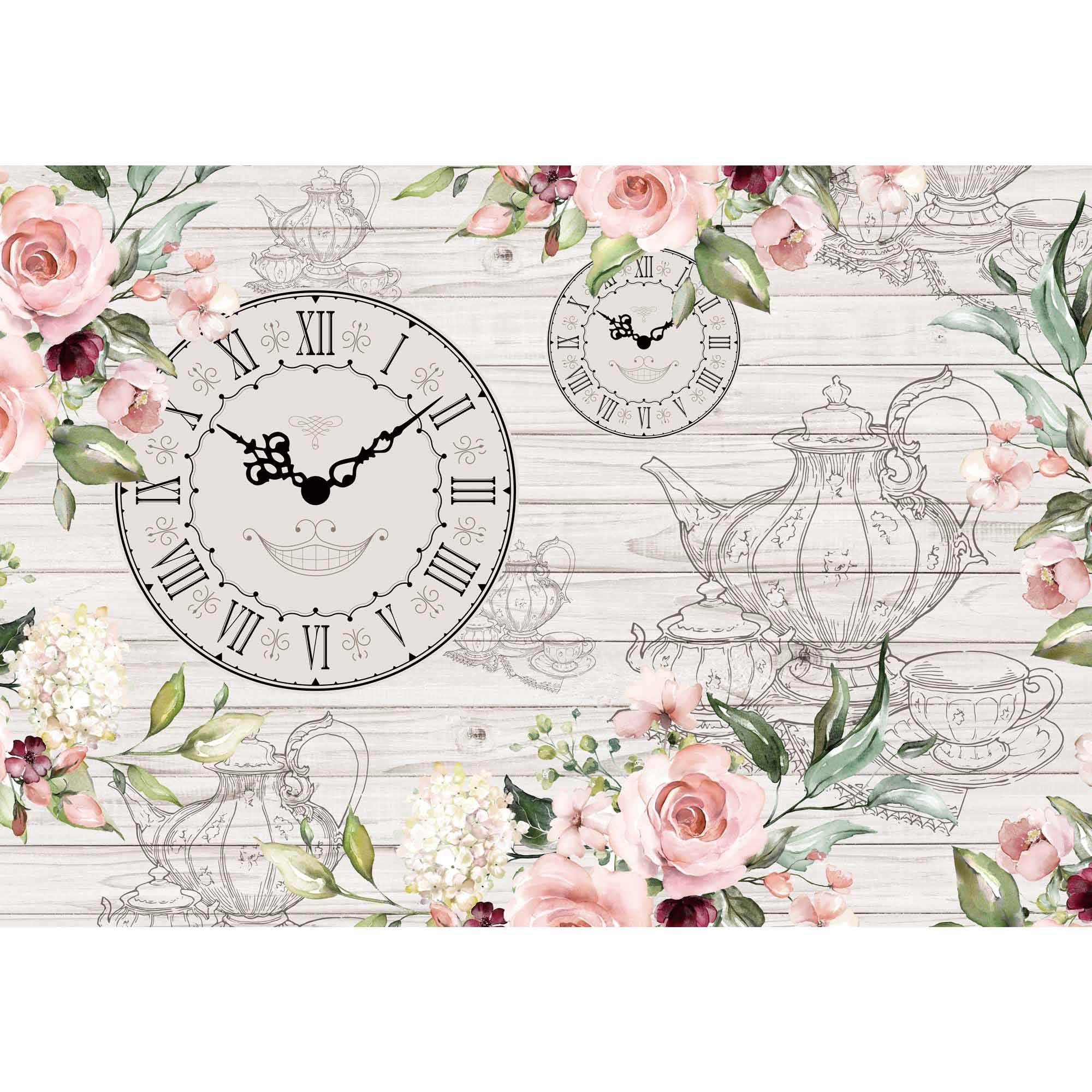 LIVUCEE 7x5ft Polyester Fabric Rustic Floral Tea Party Backdrop Girl Birthday Party Supplies Watercolor Flower Teapot Clock Wood Wall Decorations Baby Shower Bridal Wedding Photo Booth Props