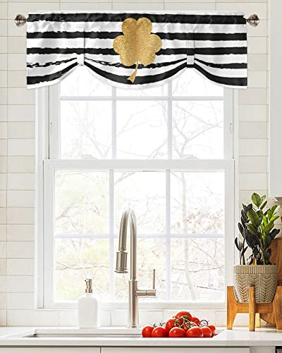 St Patrick's Gold Lucky Clover Leaves Tie Up Valance Curtain for Kitchen-Small Window Shade Valances Adjustable Rod Pocket Windows Treatment for Bathroom Black and White Stripes Line,1 Panel 42x18in