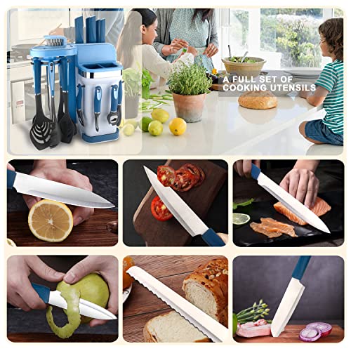 FIVETAS Kitchen Utensils Set with Holder, Nylon Cooking Utensils Set,6Pieces Stainless Steel Knives Set for Kitchen,Vegetable Peeler Knife,Cheese Grater,Cleaning Brush and 2 Plastic Cutting Boards.
