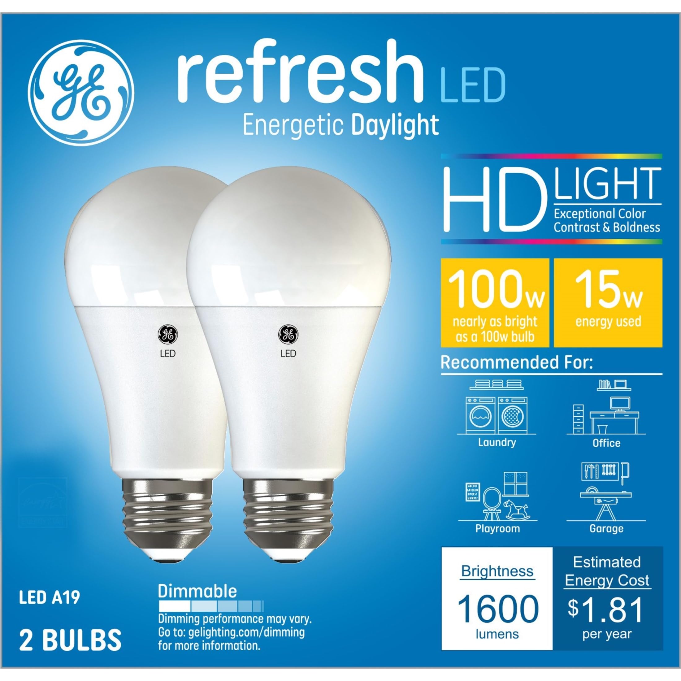 GE Refresh LED Light Bulbs, 100 Watt, Daylight, A19 (2 Pack)