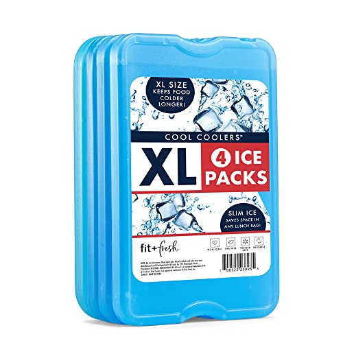 Cool Coolers by Fit + Fresh Slim Compact Reusable XL Ice Pack, Perfect for Lunch Boxes, Coolers, and Beach Bags, Blue, 4 Pack