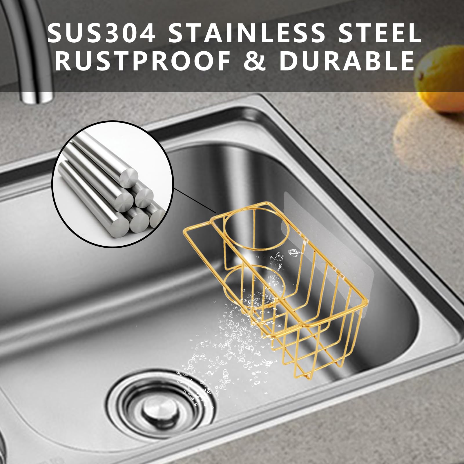 blueden 3-in-1 Adhesive Sink Caddy Kitchen Sink Organizer,Stainless Steel Sponge and Brush Holder for Kitchen Sink,Suitable for Sponges,Dish Cloth,Scrubbers, Soap, Kitchen, Bathroom.Gold