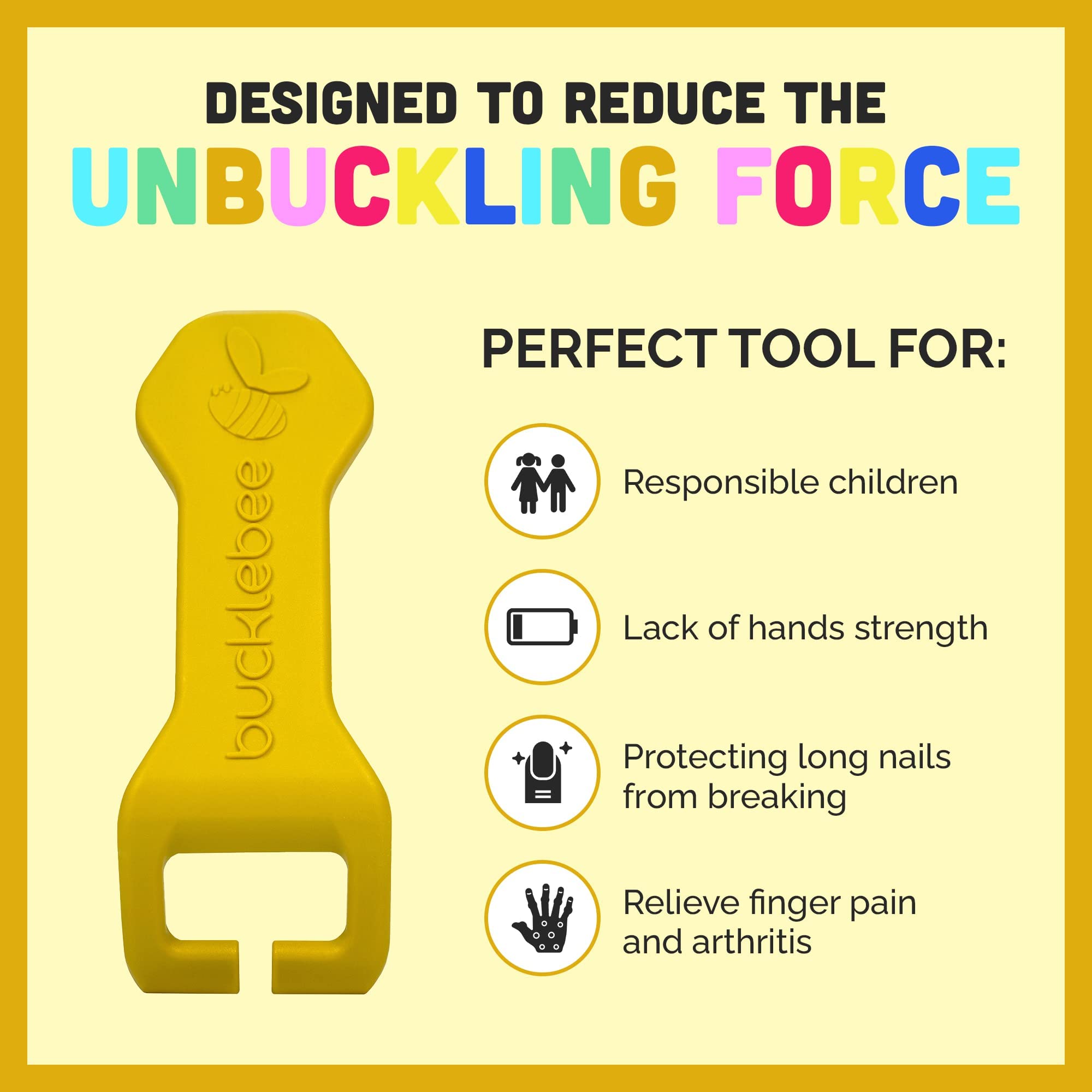 BUCKLEBEE Easy Car Seat Buckle Release Aid for Children Unbuckle Car Seat Release Tool - Car Seat Button Pusher - Car Seat Opener For Nails - Car Seat Buckle Release Tool (Yellow and Teal)