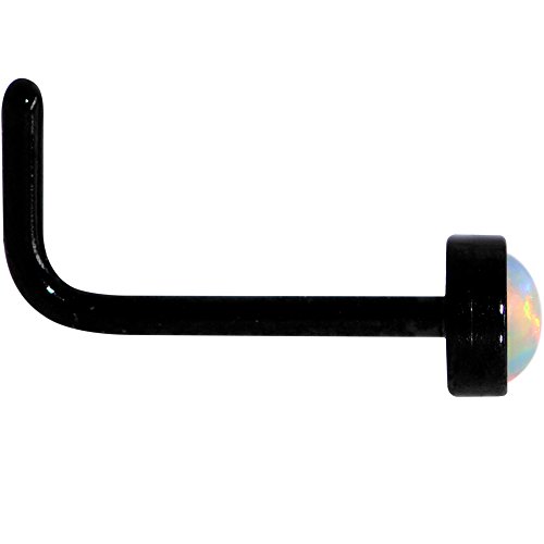 Body Candy Black Anodized Steel White 3mm Synthetic Opal Inlay L-Shape Nose Stud Ring 20 Gauge 1/4"