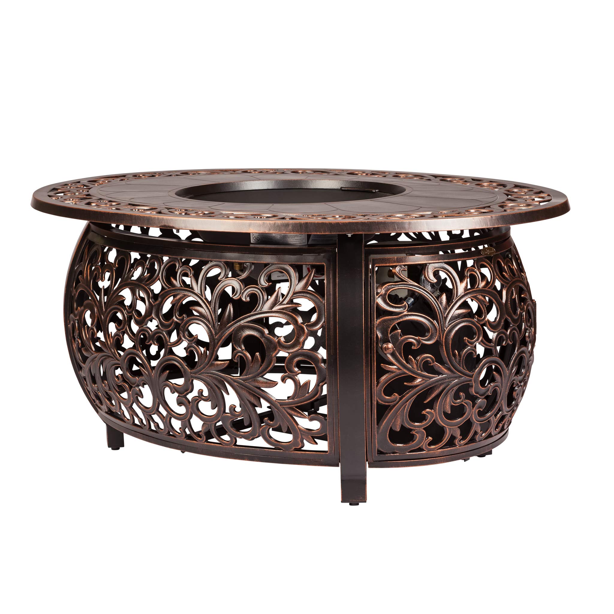 Fire Sense 62198 Toulon Filigree Aluminum Convertible Gas Fire Pit Table 55,000 BTU Outdoor Multi-Functional with Fire Bowl Lid, Nylon Weather Cover & Clear Fire Glass - Bronze Finish - Oval - 48"