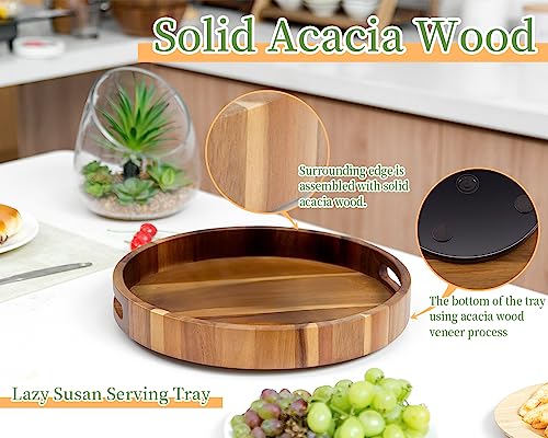 Lazy Susan Wooden Round Tray with Built-in Handles, Farmhouse Wood Serving Tray with Rotating System, Multifunctional Organizer Tray for Home Decorations Bath Vanity Tray Kitchen Counter Ottoman Tray