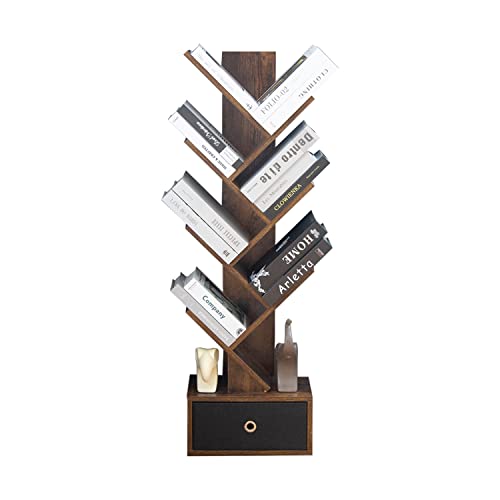 LAZYLAND Brown Bookshelf with Drawer, 6-Tier Floor Standing Tree Bookshelf, for CDs/Movies/Books, Utility Organizer Shelves for Home Office, Bedroom, Living Room