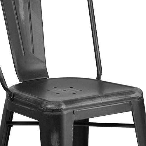 Flash Furniture Carly Commercial Grade 24" High Distressed Black Metal Indoor-Outdoor Counter Height Stool with Back