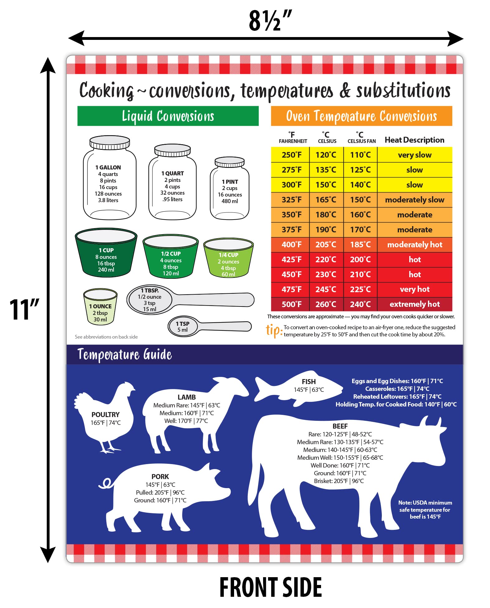 Cooking Conversion Chart Kitchen Magnet - Liquid, Dry Weight, Oven Temperature Conversions - Food, Meat Internal Temperature Guide - Ingredient Substitutions - Grain to Water Ratios - 8.5 x 11 in.