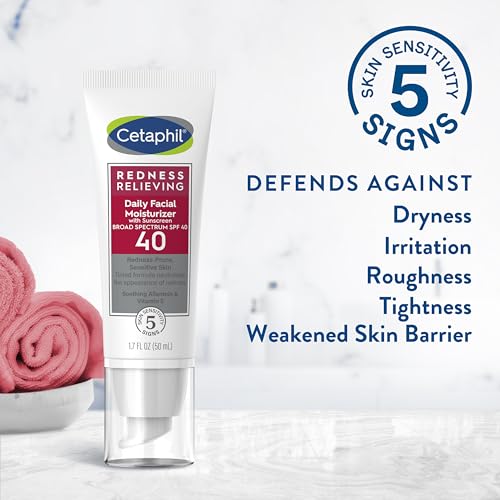 CETAPHIL Redness Relieving Daily Facial Moisturizer SPF 40, 1.7 fl oz, Broad spectrum Sunscreen, Neutral Tint, For Redness-Prone Skin