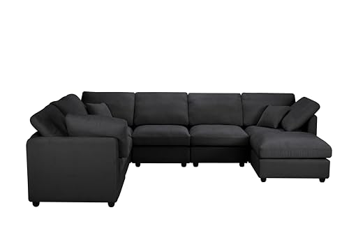 FANYE Oversized 7 Seater Modular Cushions Sectional Sofa Couch with Movable Ottoman,U-Shaped Corner Deep Seat Sectional&Couch Convertible Spacious Sleeper Sofabed for Home Apartment Living Room Sets