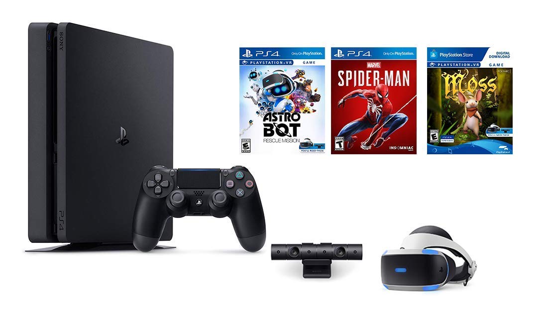 Sony Sony Playstation 4 Playstation 4 Slim 1TB Console Plus PS4 VR: Ps Camera, Ps VR Headset, Dual Shock 4 Wireless Controller, Game: Spider-Man, Moss Game, Astro Bot Rescue Mission, Black