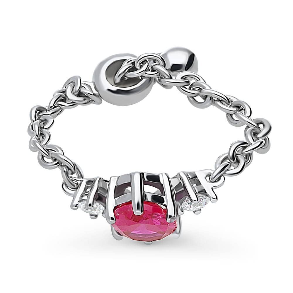 BERRICLE Sterling Silver 3-Stone Simulated Ruby Oval Cut Cubic Zirconia CZ Fashion Anniversary Chain Ring for Women, Rhodium Plated