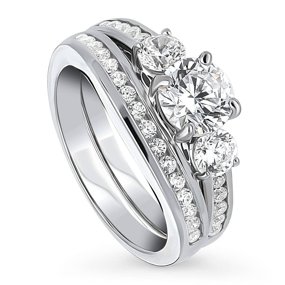 BERRICLE Sterling Silver 3-Stone Wedding Engagement Rings Round Cubic Zirconia CZ Ring Set for Women, Rhodium Plated Size 6.5