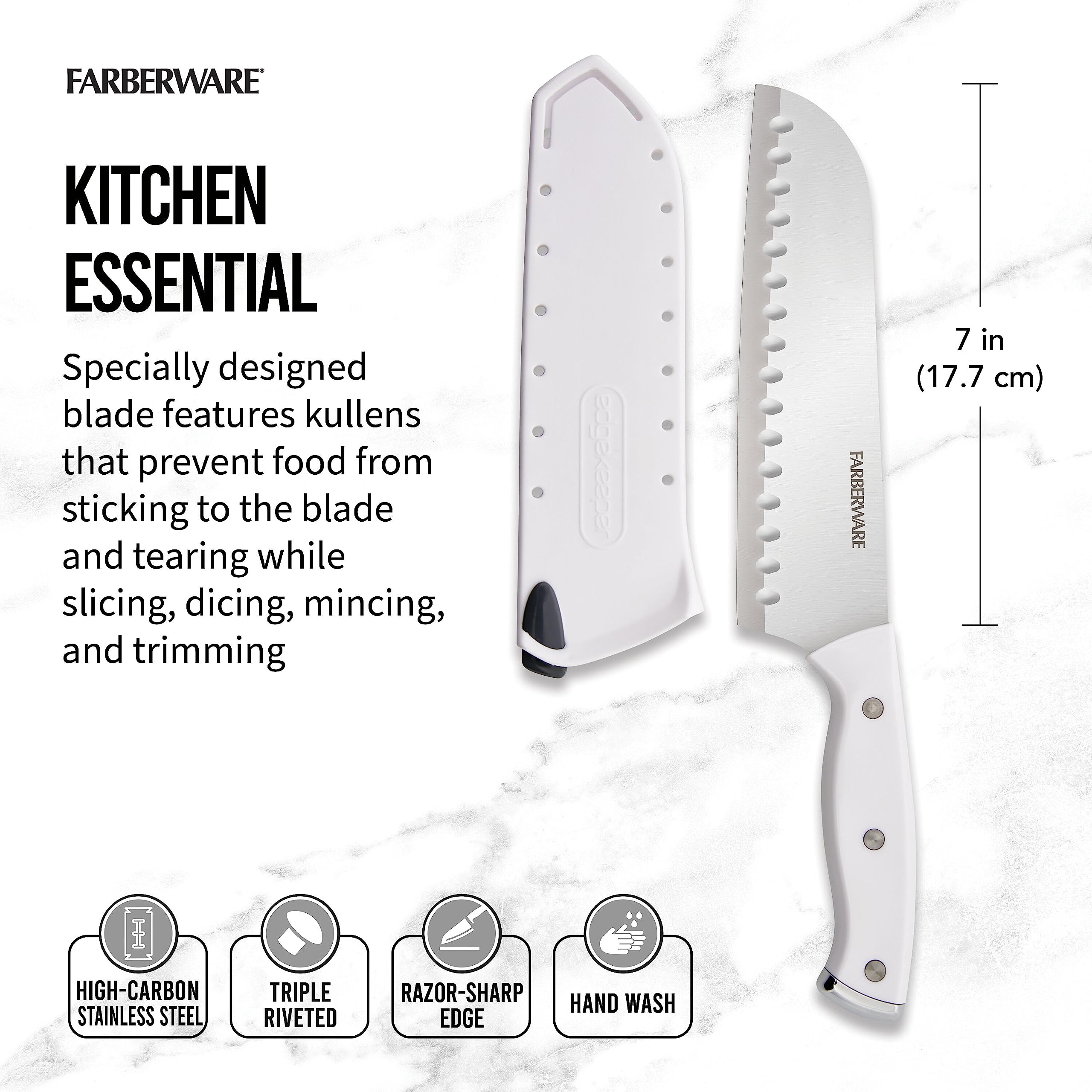 Farberware Edgekeeper Triple Riveted Santoku Self-Sharpening Blade Cover, High Carbon-Stainless Steel Kitchen Ergonomic Handle, Razor-Sharp Knife, 7 Inch, White