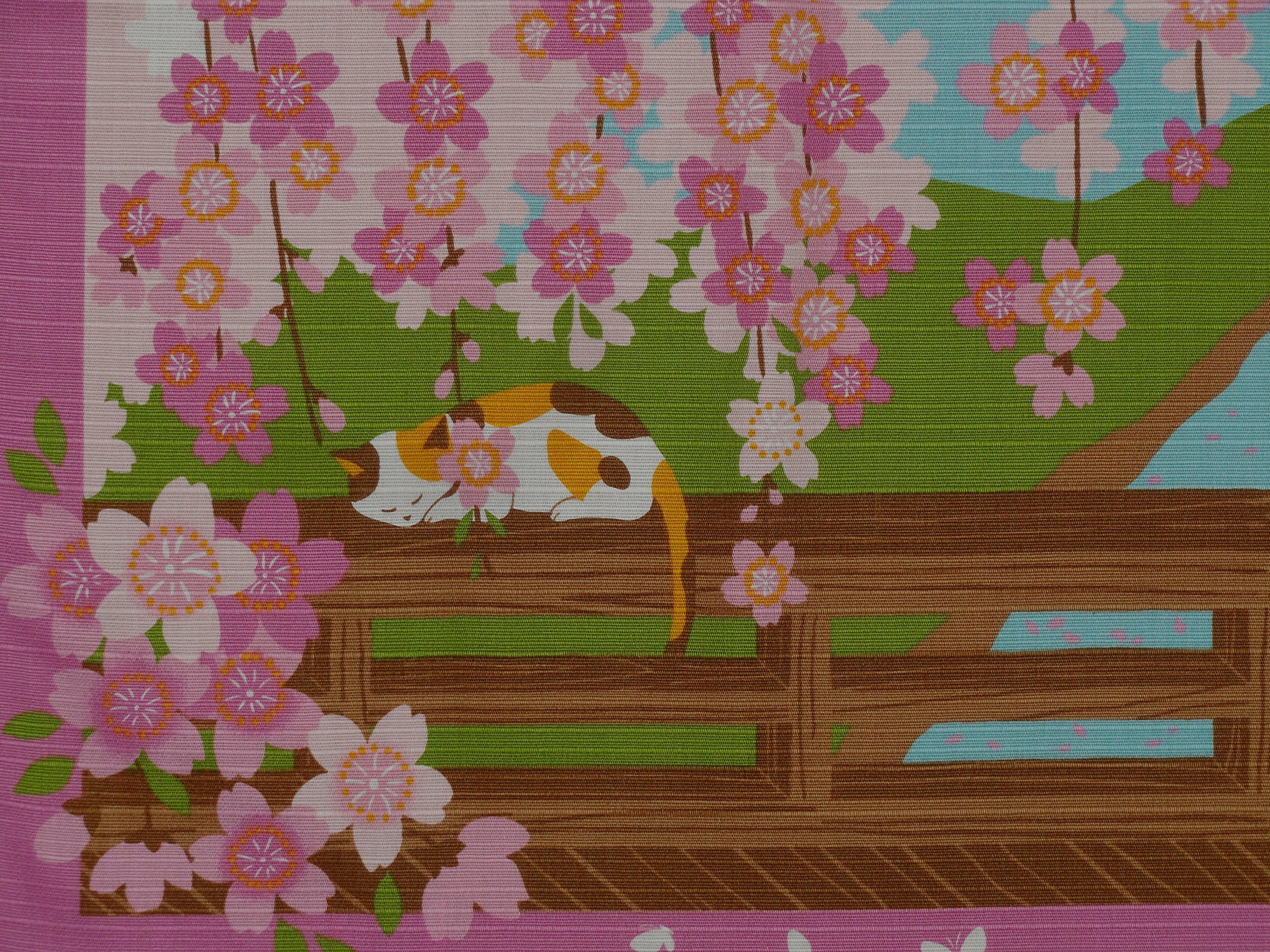 Furoshiki Cat on Bridge with Cherry Blossoms Motif Japanese Fabric 50cm