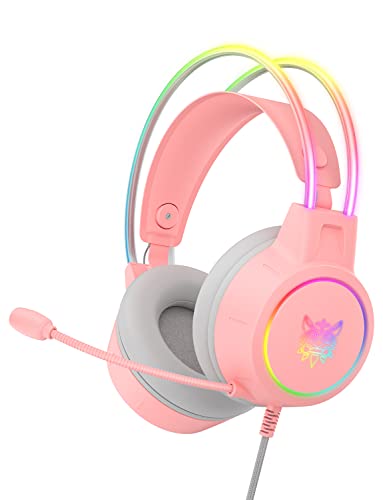 SIMGAL Gaming Headset with Mic, 3.5mm Lightweight Headphones with RGB Aluminum Frame, Surround Sound, Compatible with PS4 PS5 Xbox One(Adapter Not Included) PC Mobile Phone (Pink Without Antler)