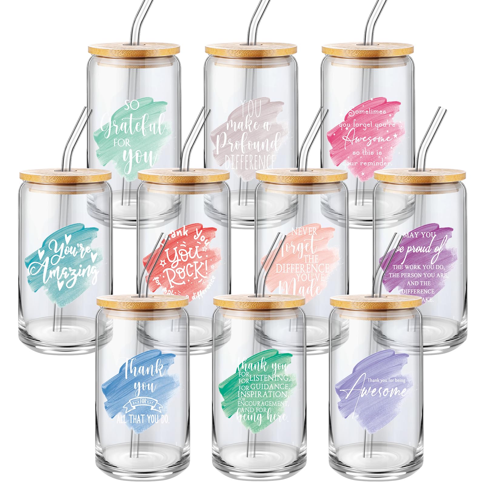 Funnymoom 10 Pcs Team Employee Christmas Appreciation Gifts 17 oz Thank You Gifts Glass Cups with Lids Straws Drinking Cup Medical Assistant Week Gifts for Emergency Nurses Accounting Women