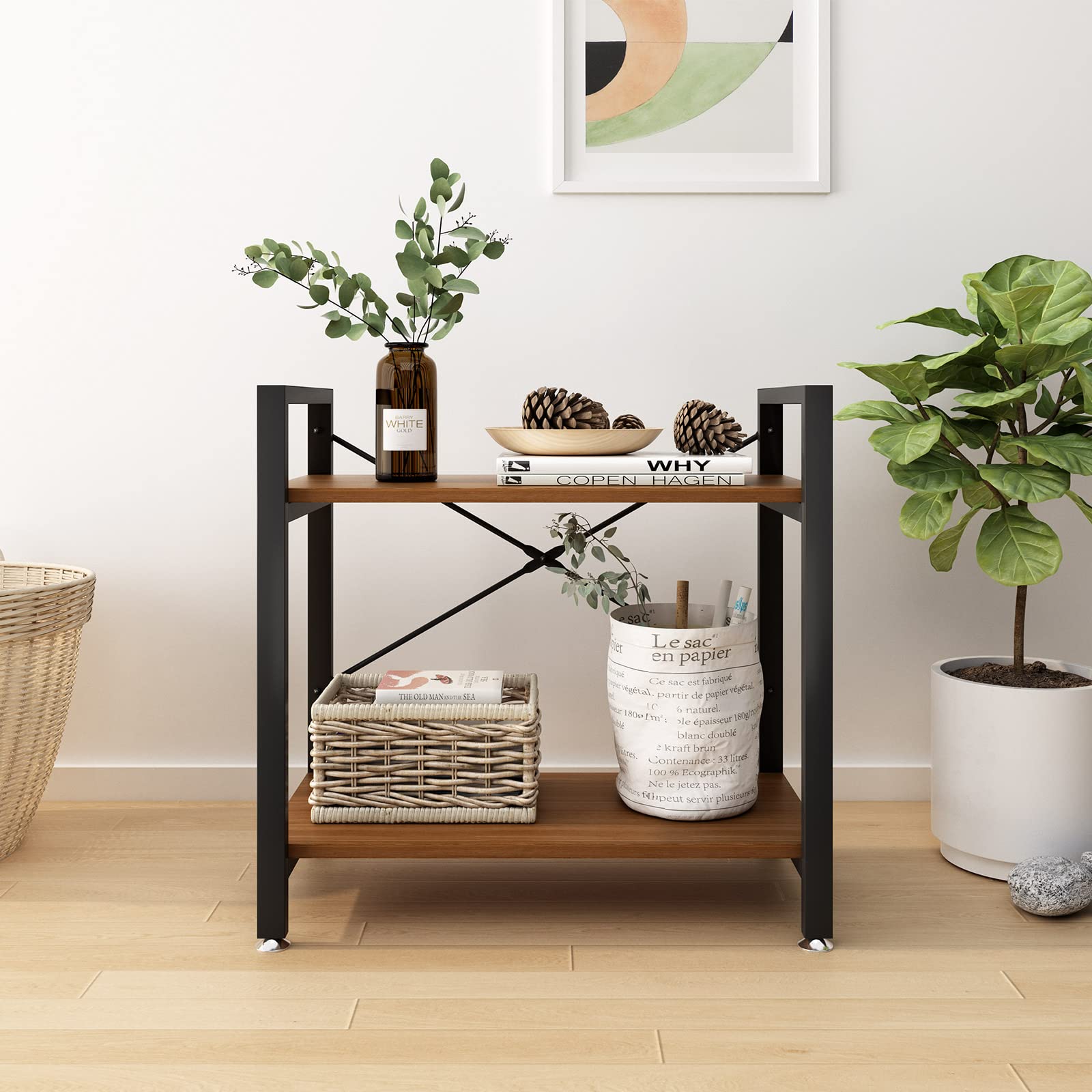 BENOSS Industrial Style Bookcases Furniture, Storage Rack Shelf for Bedroom, Living Room, Multi-Functional Shelf Units for Collection,Storage Organizer with Metal Frame (2 Tier)